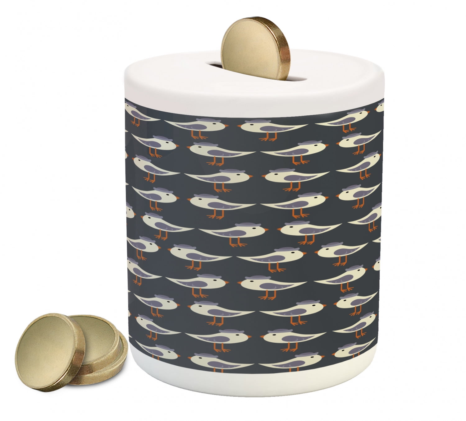 Birds Piggy Bank, Cartoon Style Birds in Hats Funny Animals Repeating ...