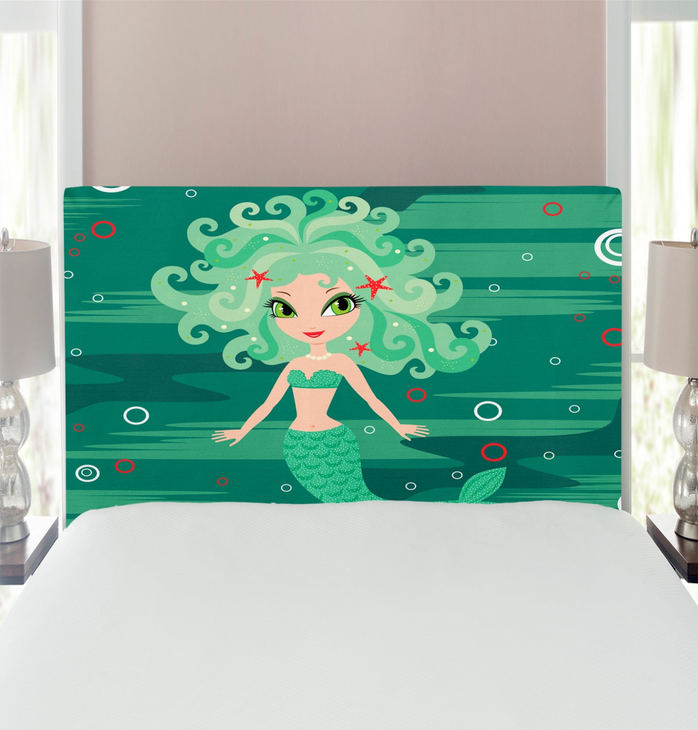 Underwater Headboard, Mermaid Cartoon Water Bubbles and Starfish Curly ...