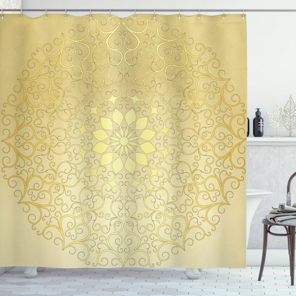 Gold Mandala Shower Curtain Round Antique Motif Curvy Stylized Heart