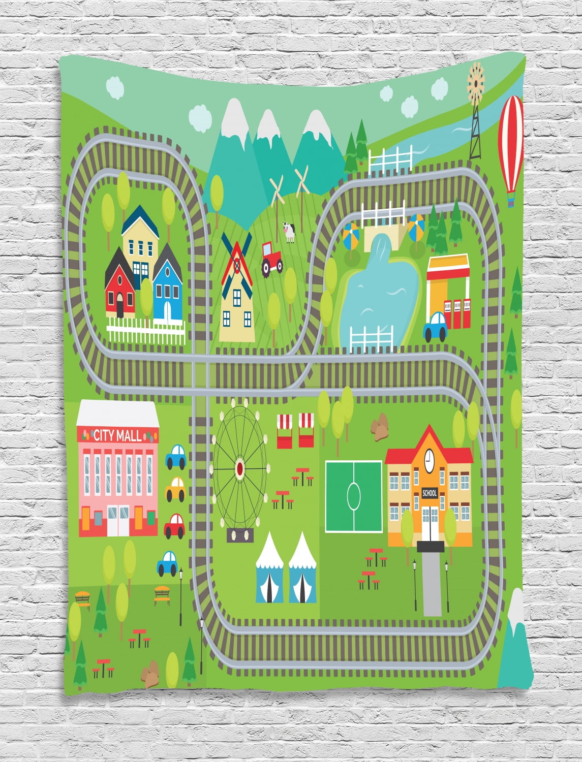 Kid's Activity Tapestry, Train Tracks with Colorful Town School City ...
