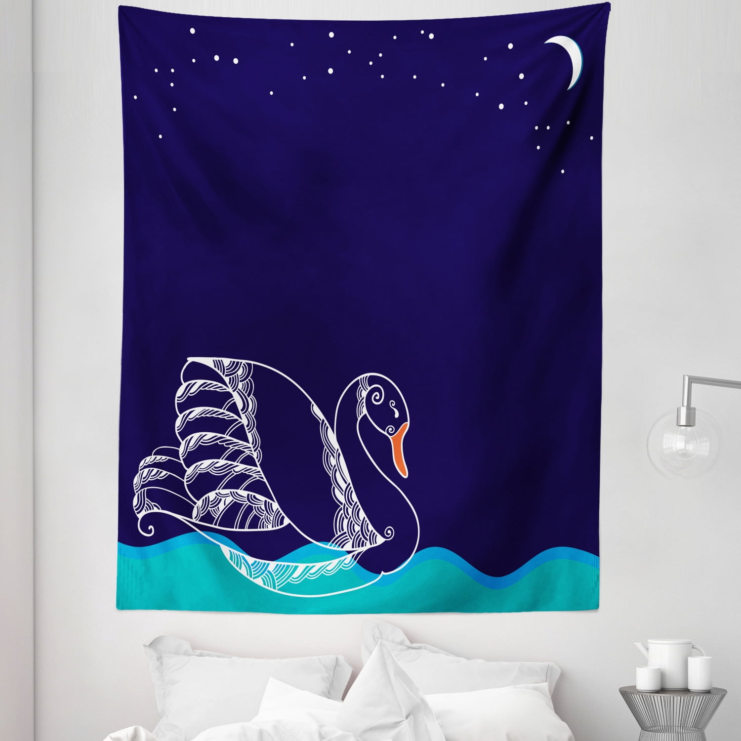 White Blue Tapestry, Silhouette of Big Winged Swan Floating on Waves in ...