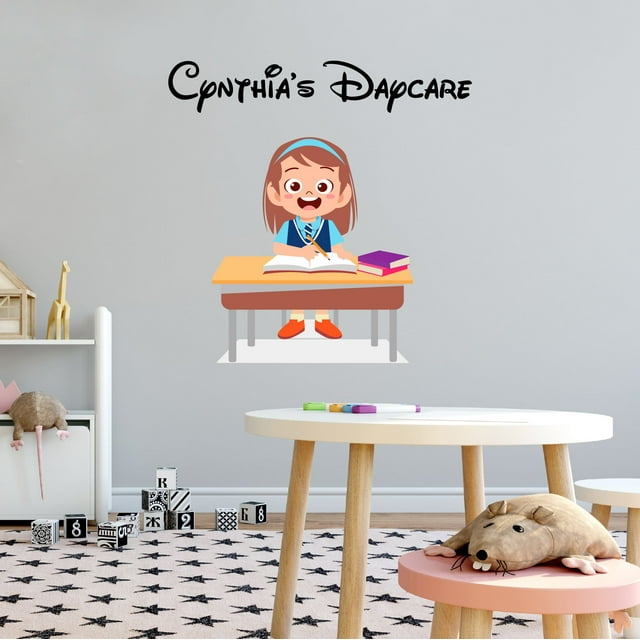 Personalized Name Day Care Wall Decal Happy Cute Girl Studying on Study ...