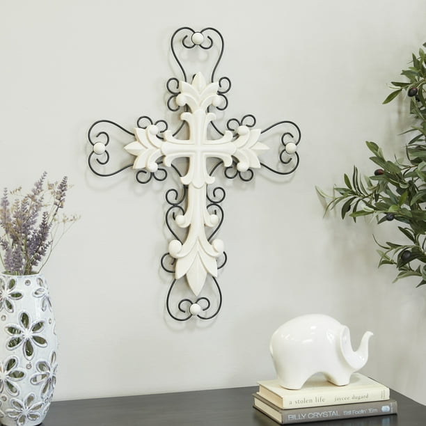 DecMode White Wood Carved Cross Cross Wall Decor with Metal Scrollwork ...