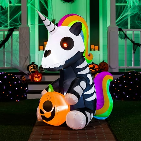 5 FT Tall Halloween Inflatable Sitting Skeleton Unicorn Inflatable ard ...