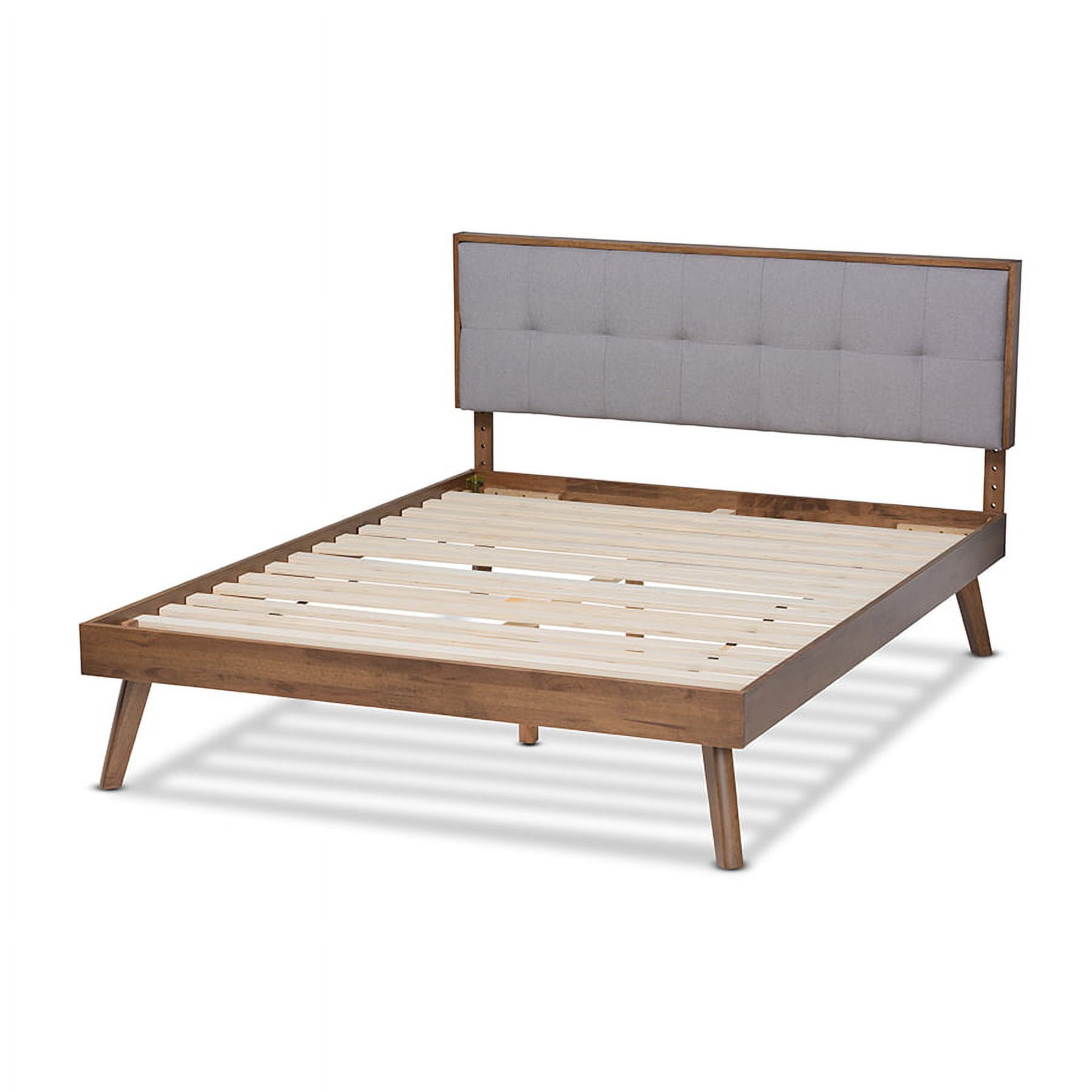Baxton Studio Alke Queen Size Bed Mid Century Modern Light Grey Fabric Upholstery Solid Walnut Brown Wood Frame Walmart