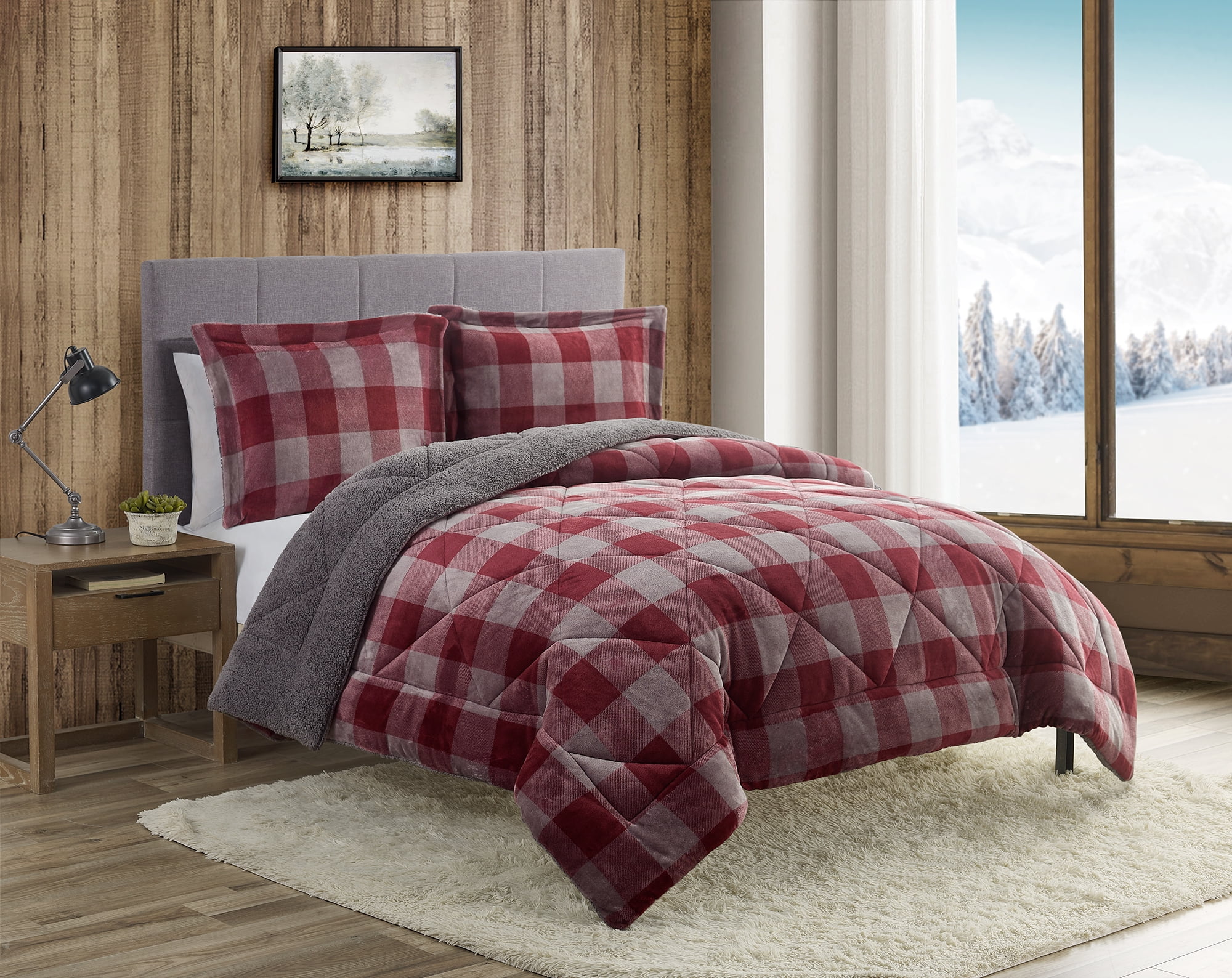 CEDAR COURT Lofty Plush Check Polyester Bedding Set, King, Burgundy ...
