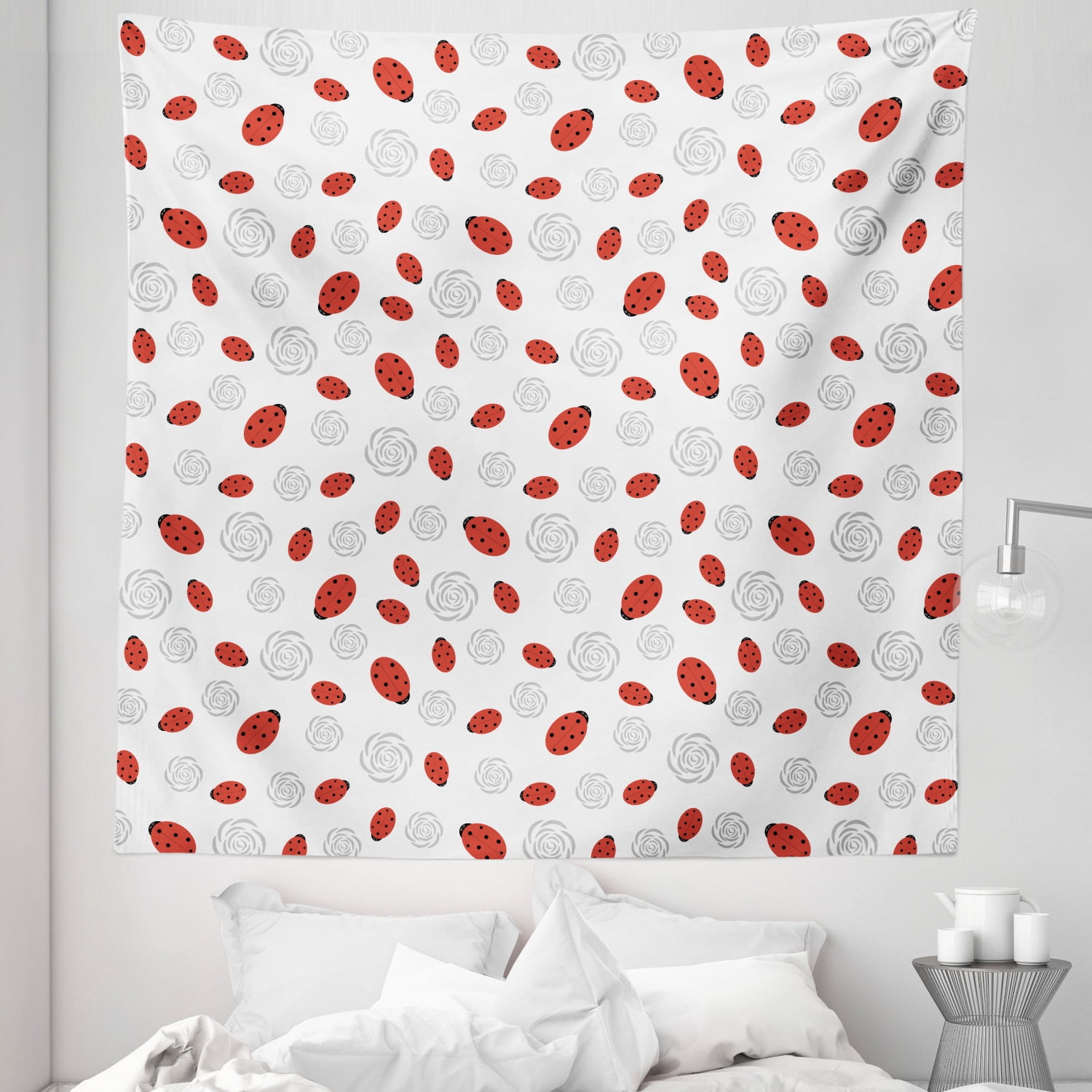 Ladybugs Tapestry, Abstract Flower Silhouettes Nature Illustration ...
