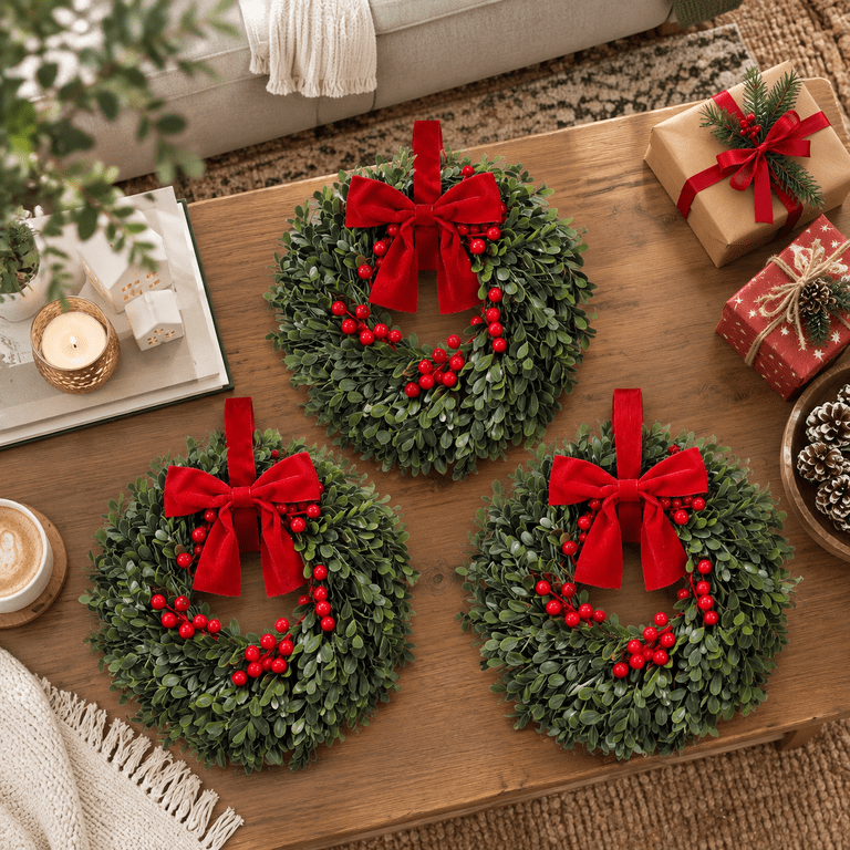 6 Pack 11.81 Inch Artificial Boxwood Christmas Wreath With Red Ribbon ...