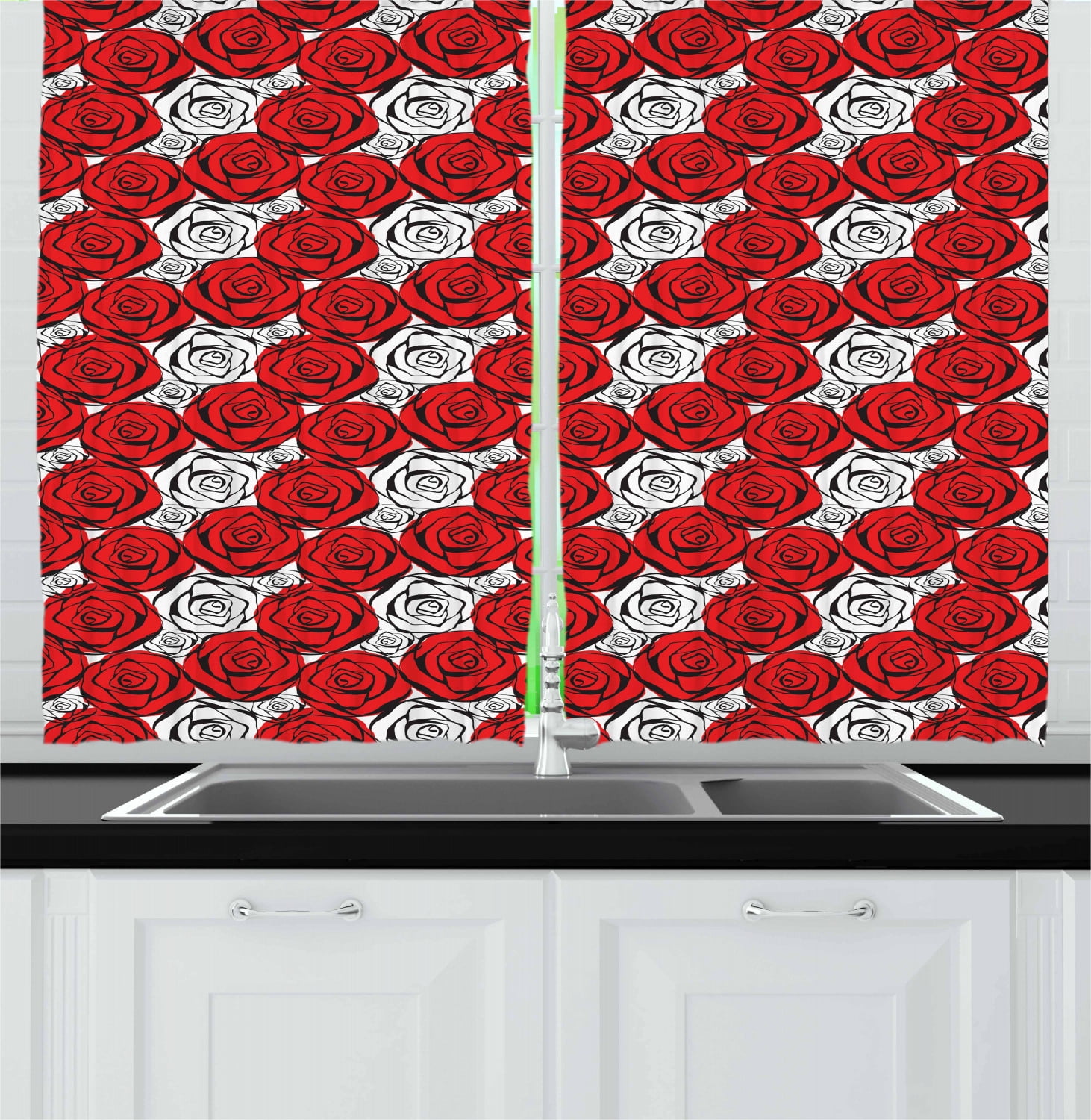 Red and Black Curtains 2 Panels Set, Roses with Black Contours in Retro ...