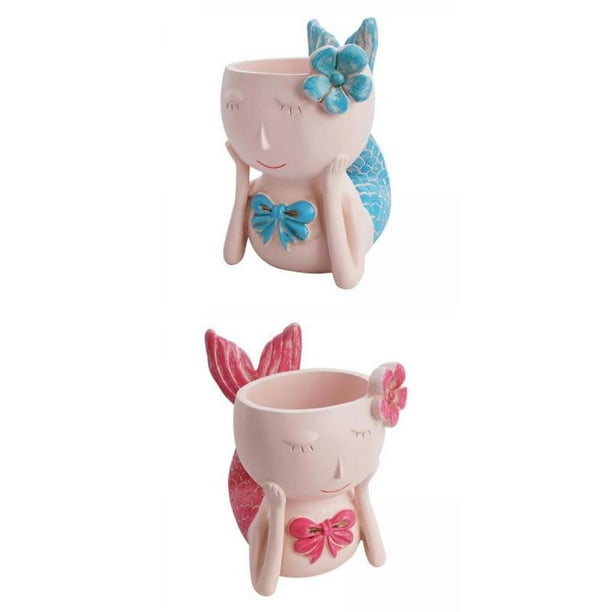 2 Pieces Mermaid Head Sculpture Flower Plant Pot Planter Craft Vase ...
