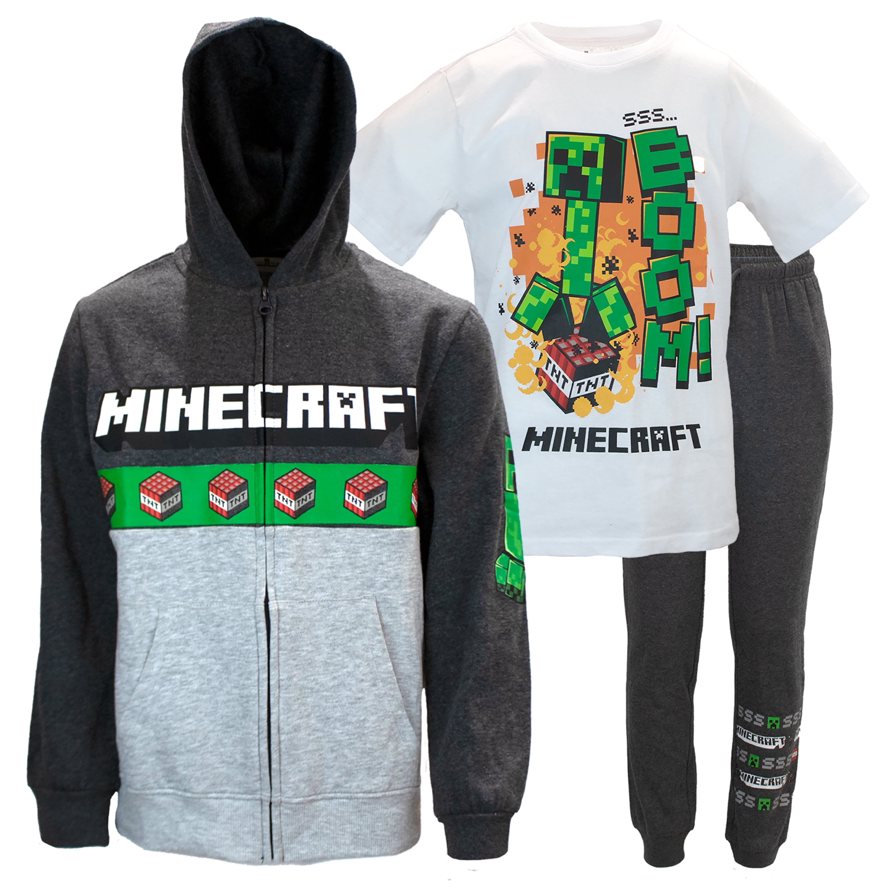 Minecraft Creeper Boys 3-Piece Bundle Set, Zip up Fashion Hoodie, Short ...