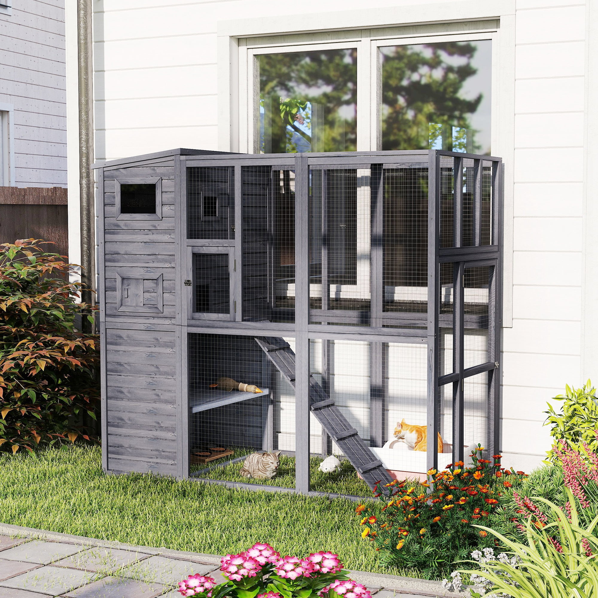 Click here for Pawhut Outdoor Wooden Catio With 4 Tier Main House... prices