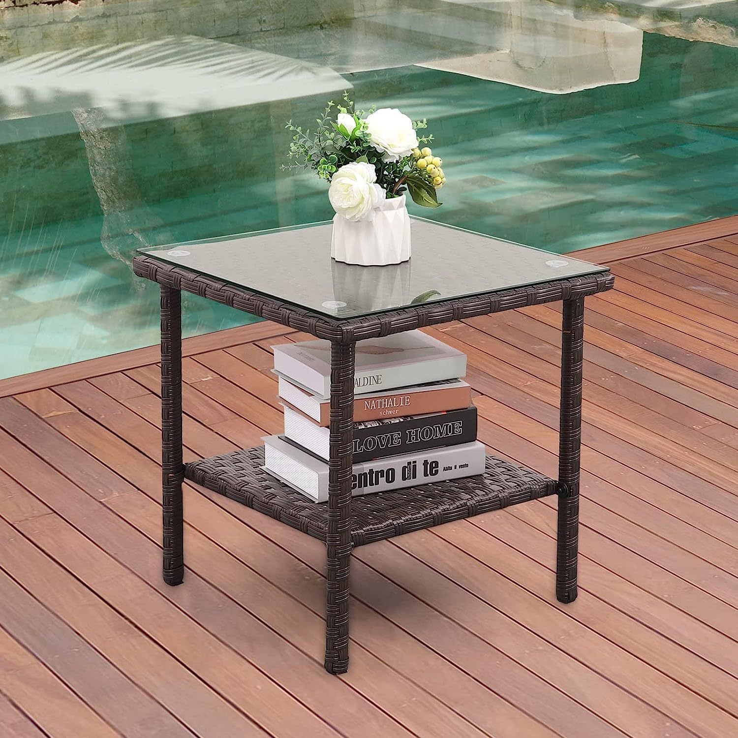 Patio PE Wicker Side Table Outdoor Resin Rattan Glass Top Square End ...