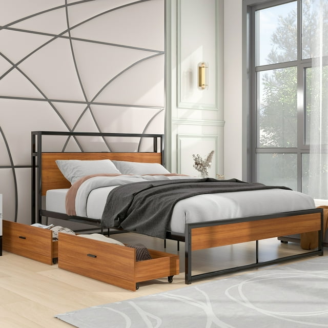 Gewnee Metal Platform Bed with Two Drawers,Full Size Metal Storage ...