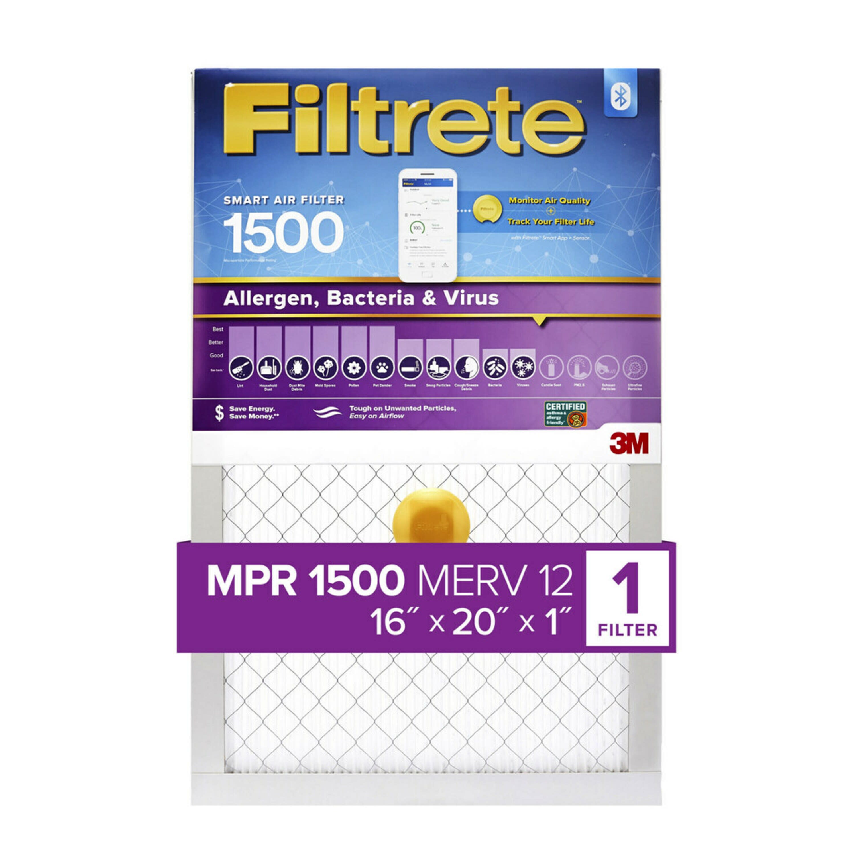 Filtrete by 3M, Smart 16x20x1, MERV 12, Allergen, Bacteria & Virus HVAC ...