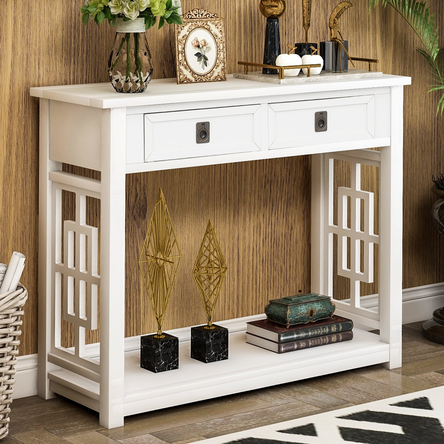 36 Inch Accent Entry Console Table with Drawers, Metal Knobs and Bottom ...