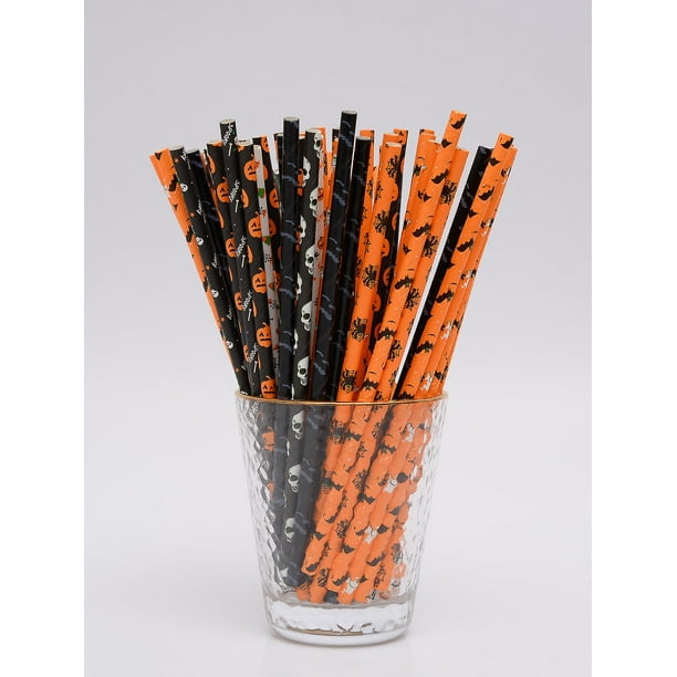 Pack Of 100 Paper Straws Halloween Themed Paper Straws Black Orange ...