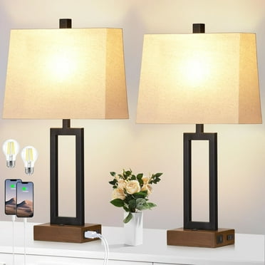 Cinkeda Farmhouse Table Lamp Set of 2 with USB A+C Port AC Outlet for ...