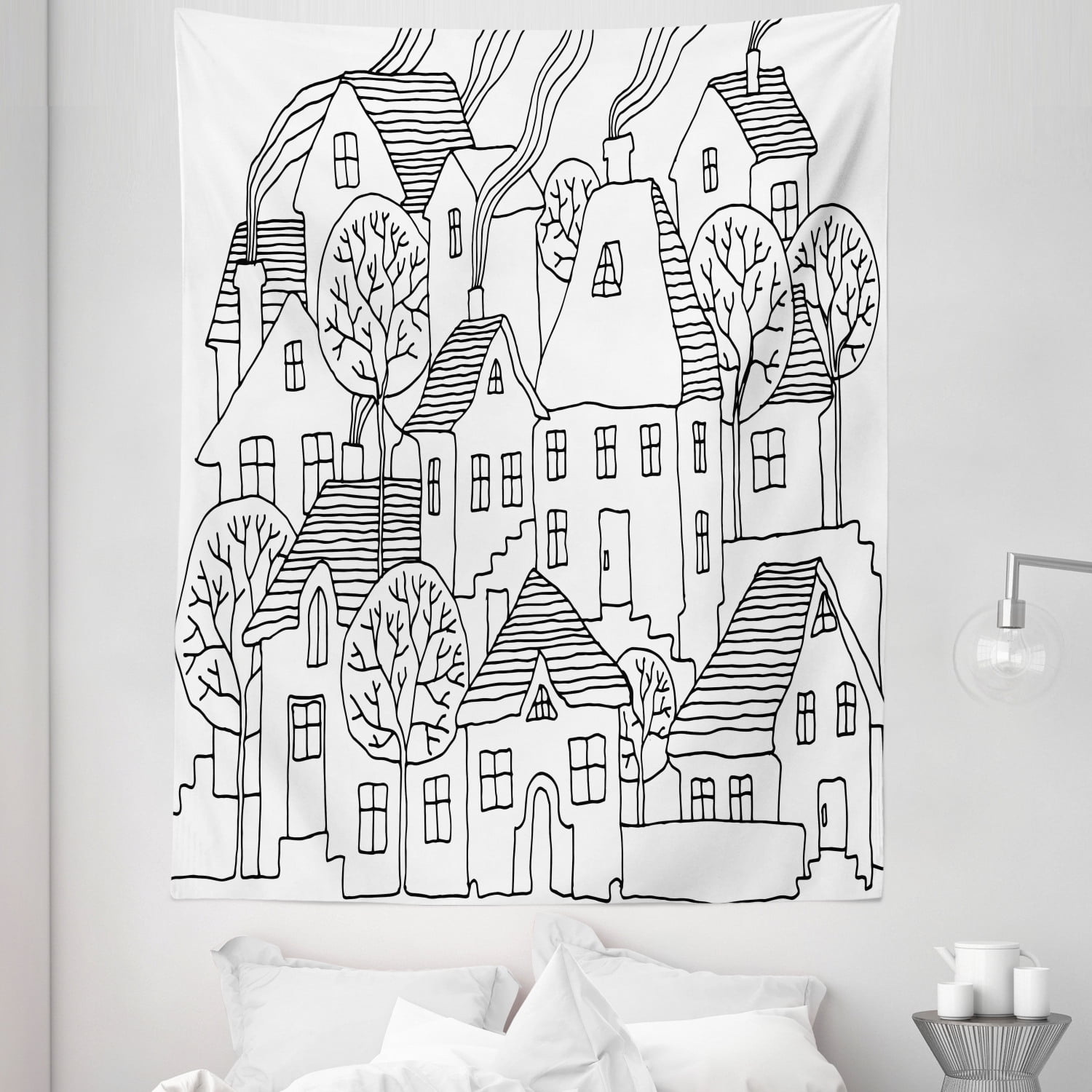 Sketchy Tapestry, Cartoon Design House Village with Stripes Hand Drawn ...