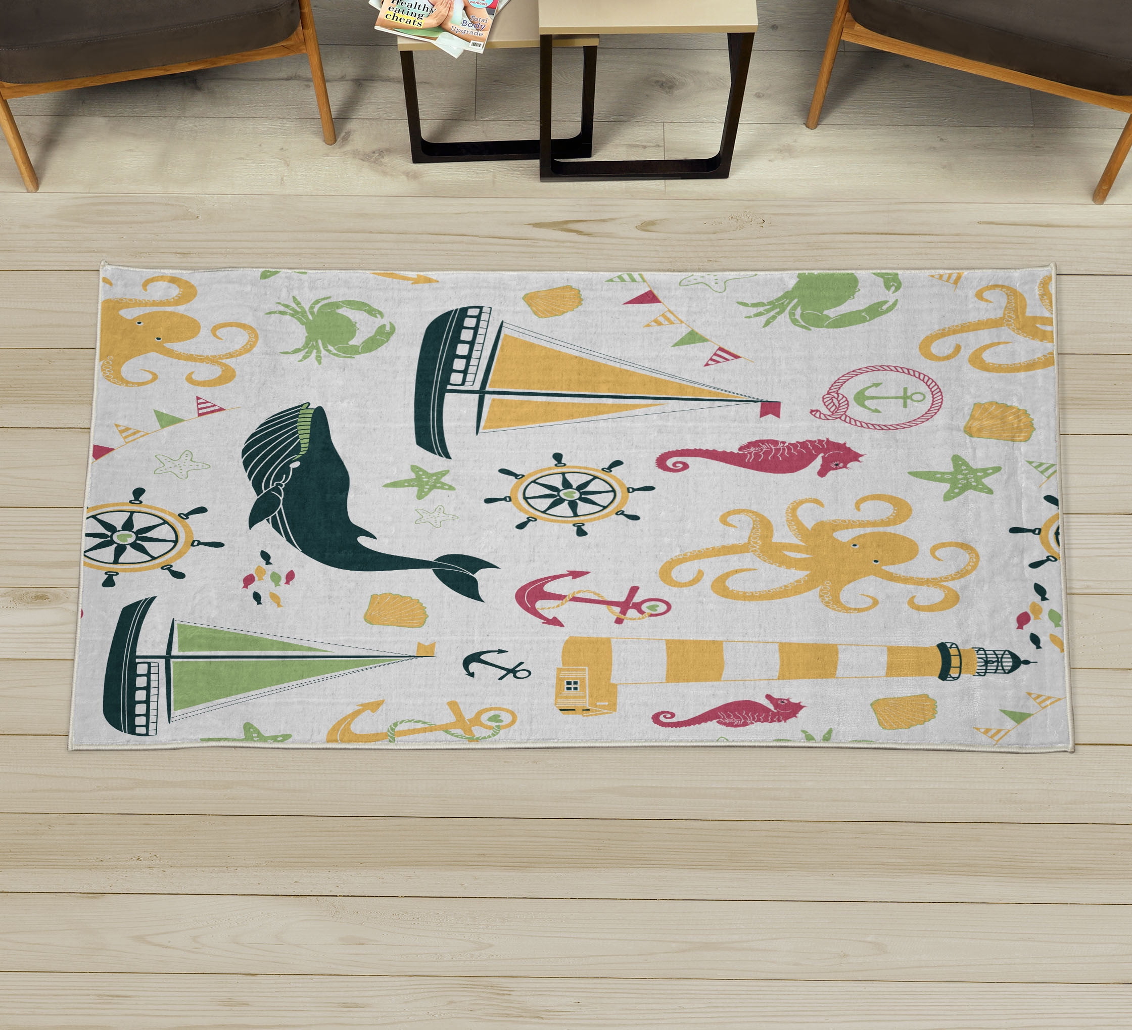 Nautical Decorative Rug, Pastel Colored Composition of Lighthouse ...