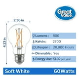Great Value 18YR A19 LED Light Bulb, 8.5W(60W Equivalent) Dimmable Soft White E26 Medium Base, 4 ...
