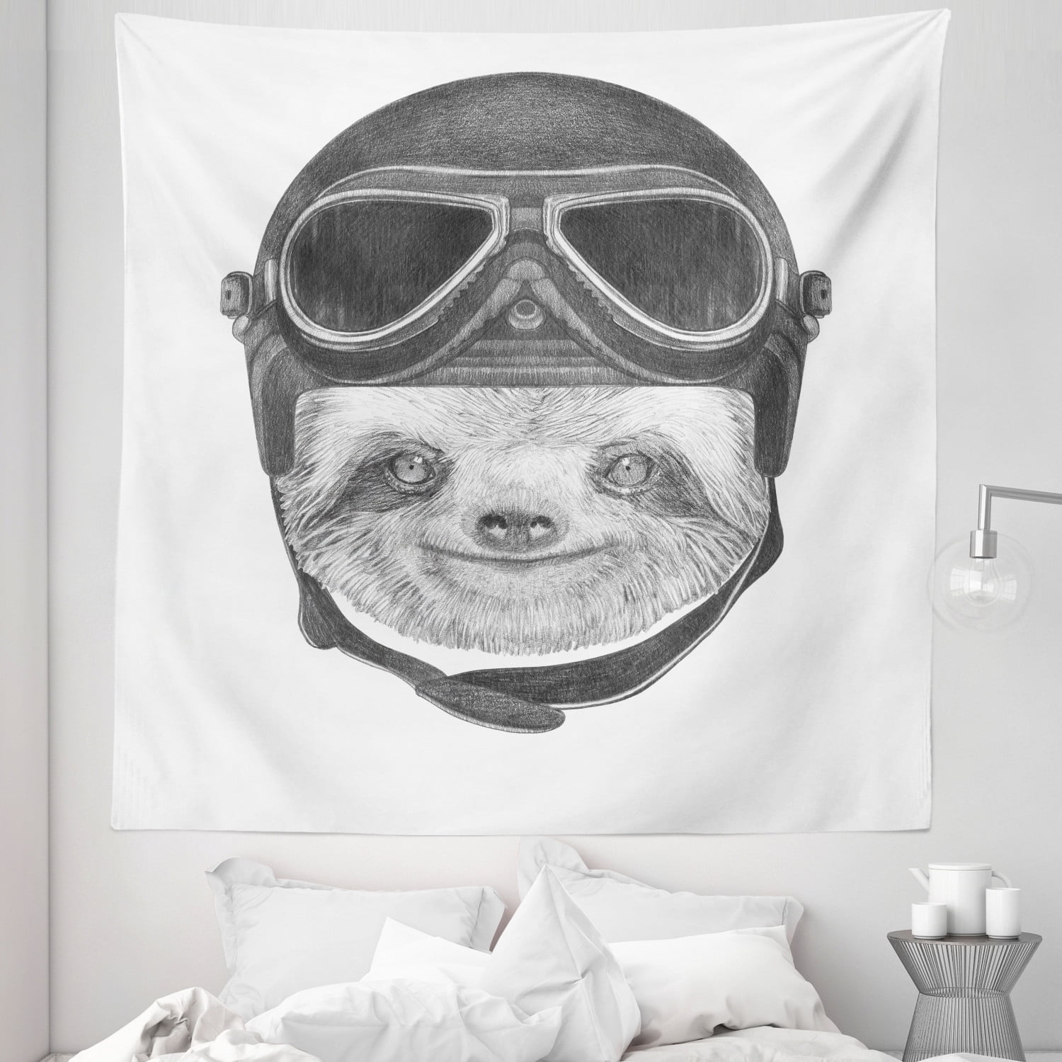 Sloth Tapestry, Hand Drawn Portrait of a Animal Vintage Effect Biker ...