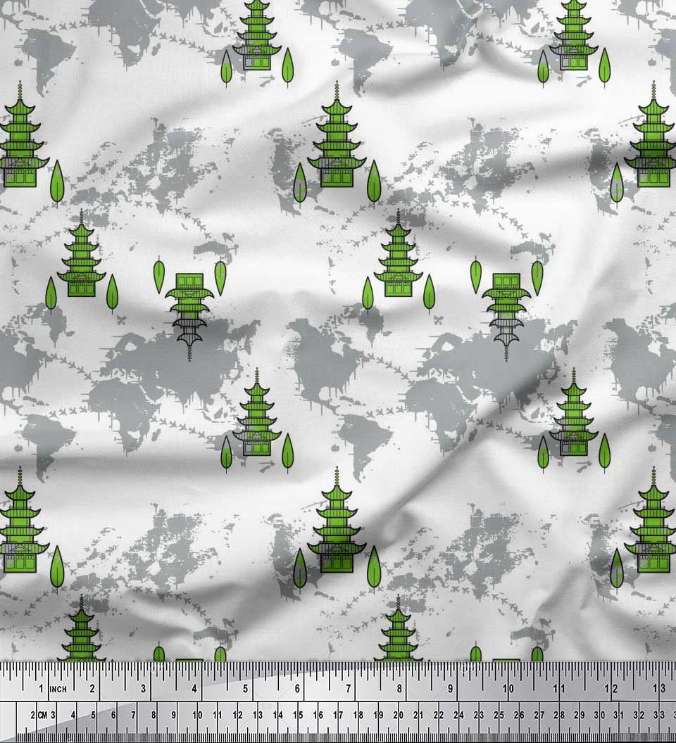 Soimoi Green Satin Silk Fabric Tree & World Map Print Fabric by the ...
