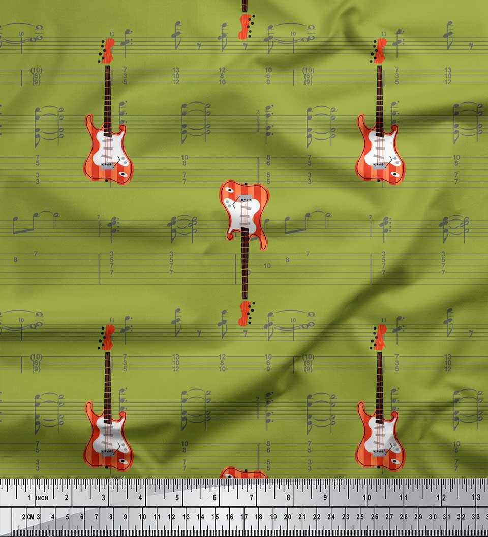 Soimoi Green polyester Crepe Fabric Notes & Guitar Musical Instrument ...