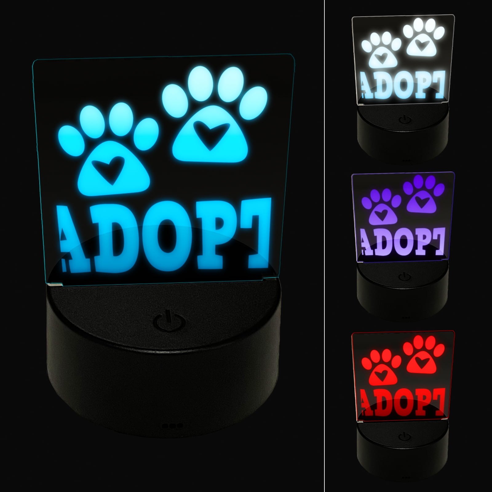 Adopt Dog Cat Paw Prints Hearts Love Fun Text LED Night Light Sign 3D ...