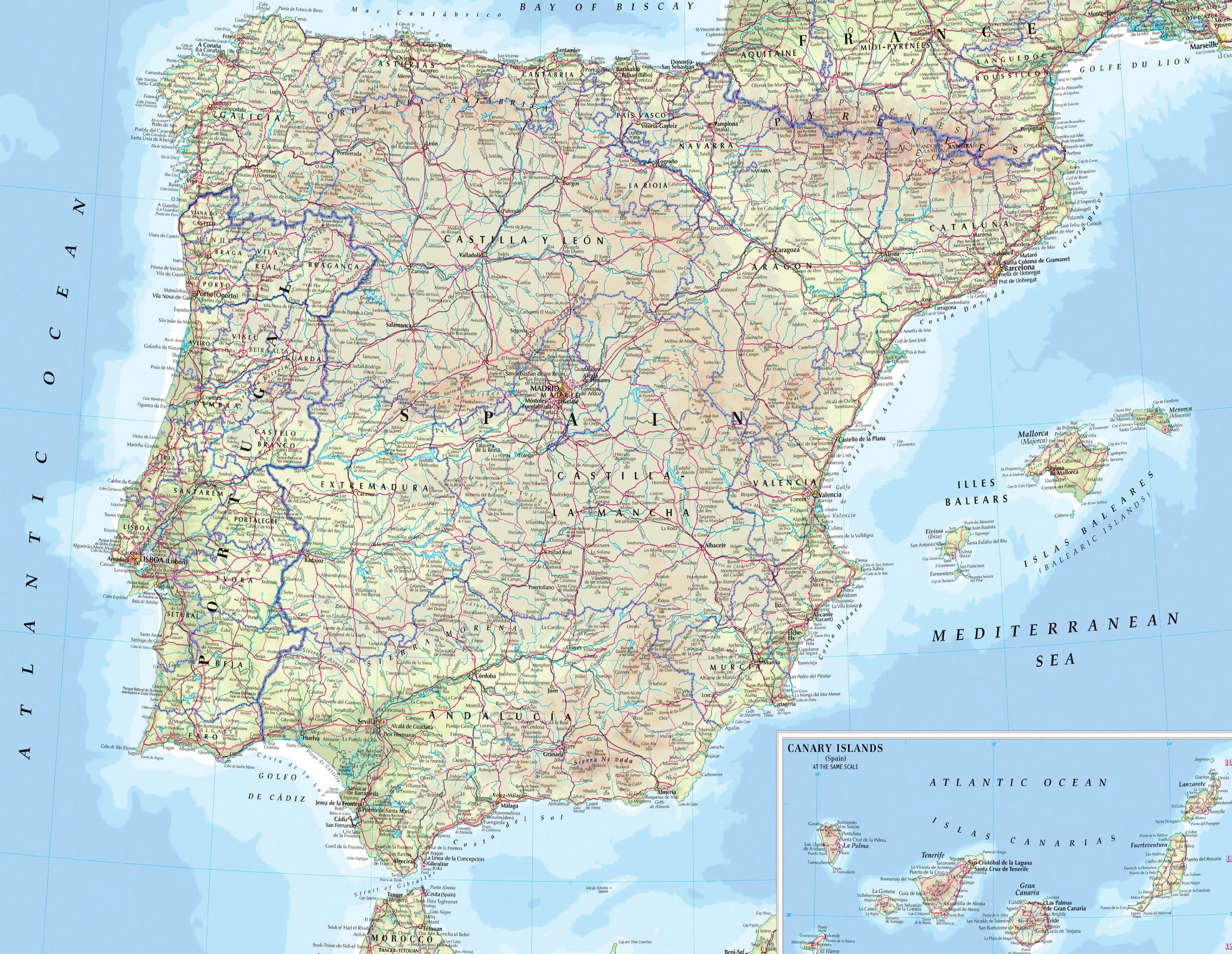 Palmetto Posters 24x31 Laminated Poster: Large road map of spain and ...