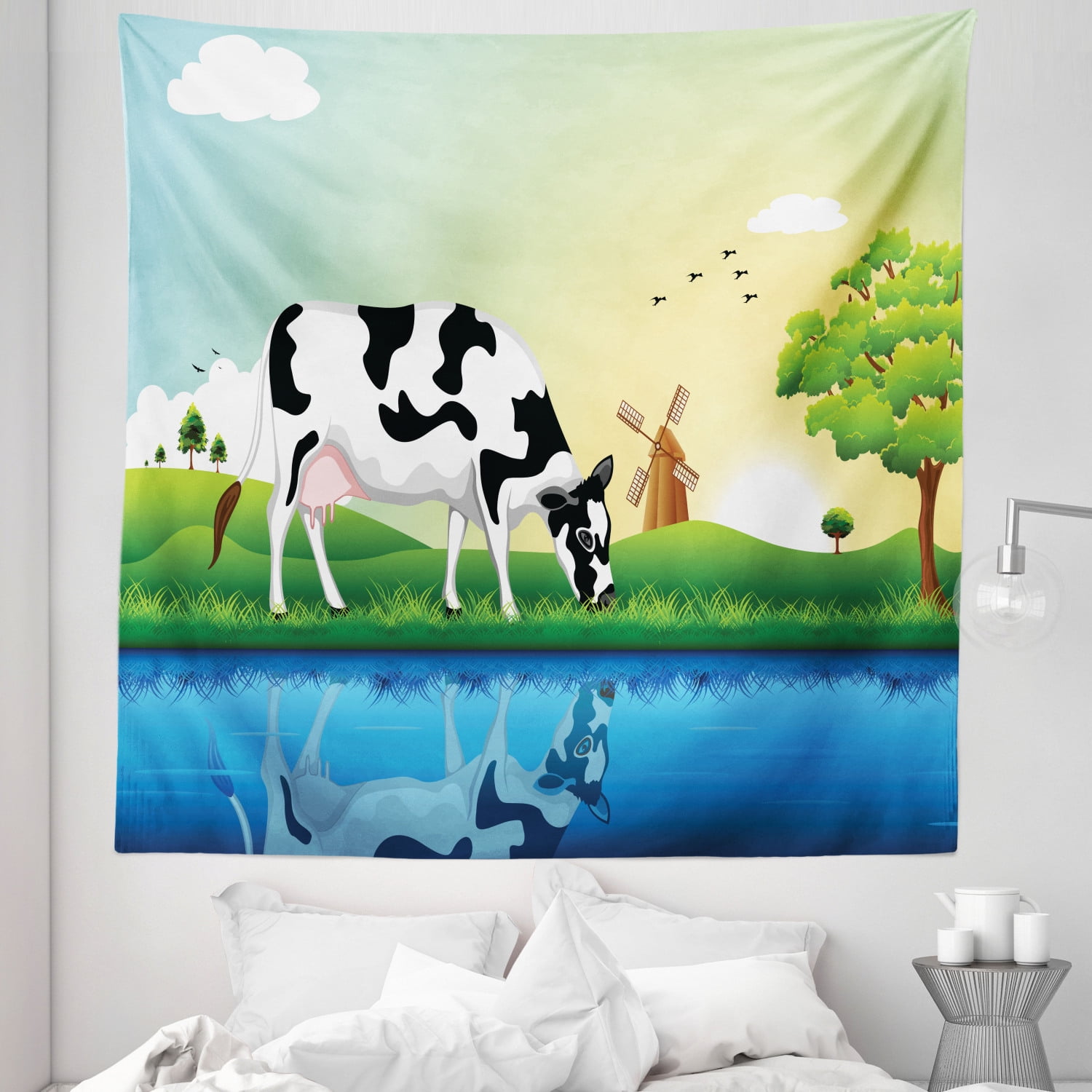 Cattle Tapestry, Graphic Design Grazing Cow in the Field with Trees ...