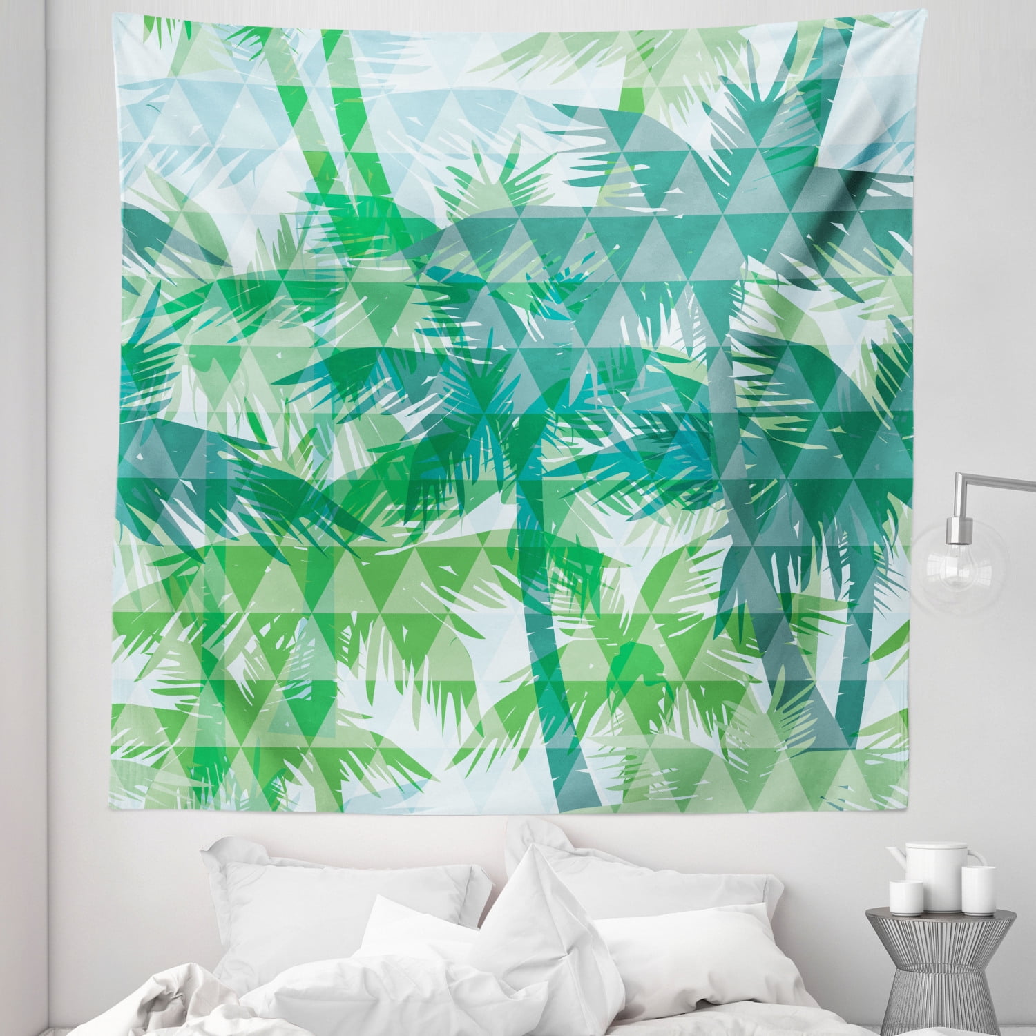 Geometric Forest Tapestry, Exotic Palm Trees Hawaii Foliage with Grid ...