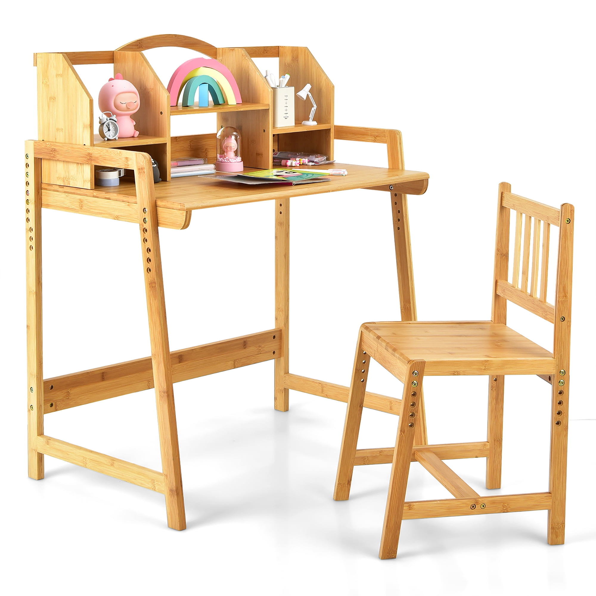 Costway Bamboo Kids Study Desk And Chair Set Height Adjustable Home ...