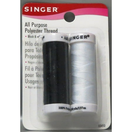 SINGER 2 ALL PURPOSE POLYESTER THREAD SPOOLS - BLACK & WHITE - 150 YDS ...