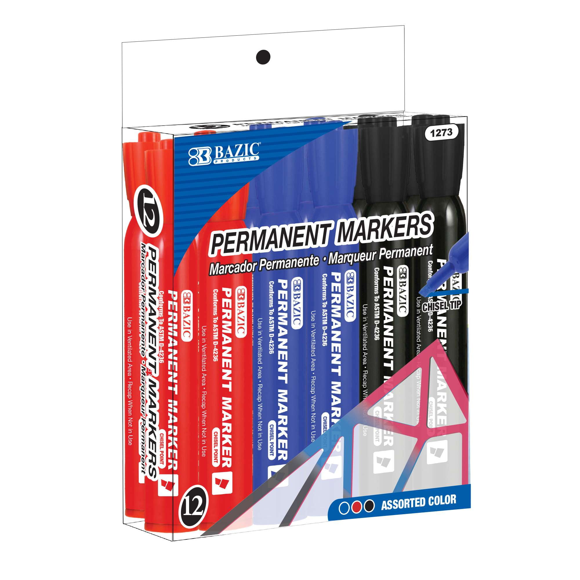 BAZIC Permanent Marker Chisel Tip, Assorted Color Markers Total 12 ...