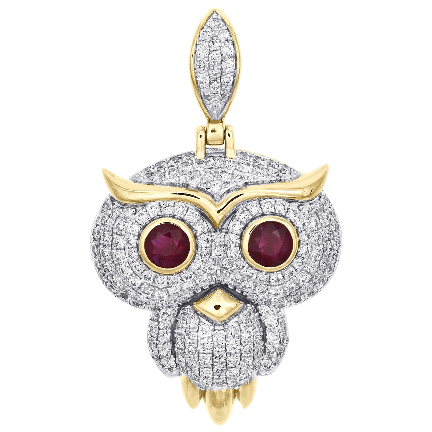 14K Yellow Gold Diamond Owl Pendant Genuine Ruby Eyes 1.65" Charm 1.75 ...