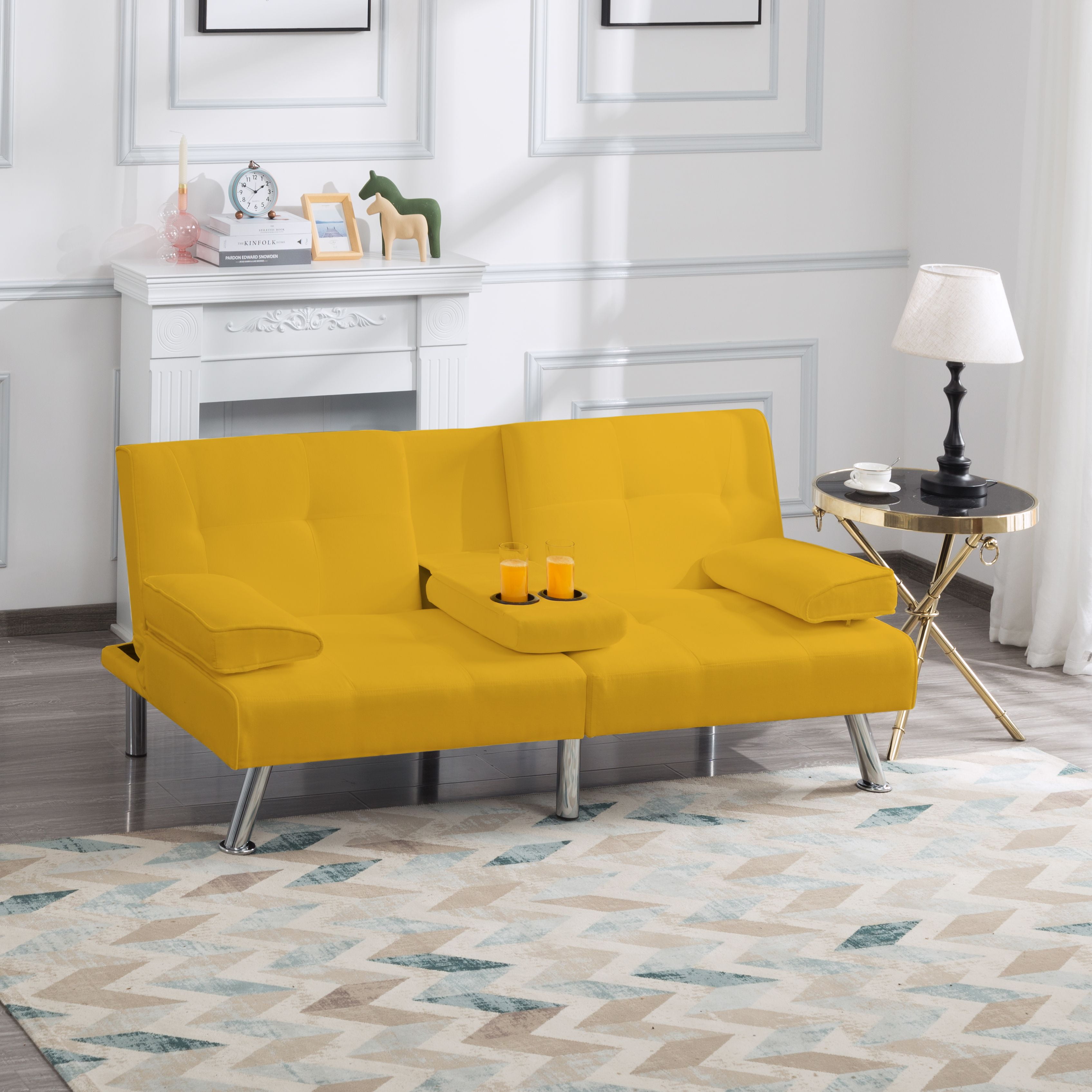 Modern Fabric Futon with Cupholders and Pillows, Yellow - Walmart.com