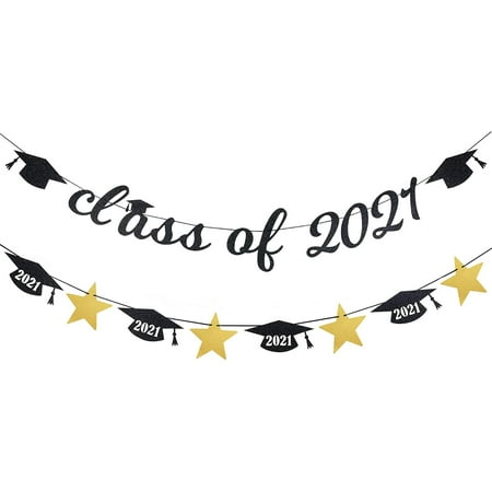 Black Glitter Class of 2021 Banner and Glitter Graduation Cap Star ...