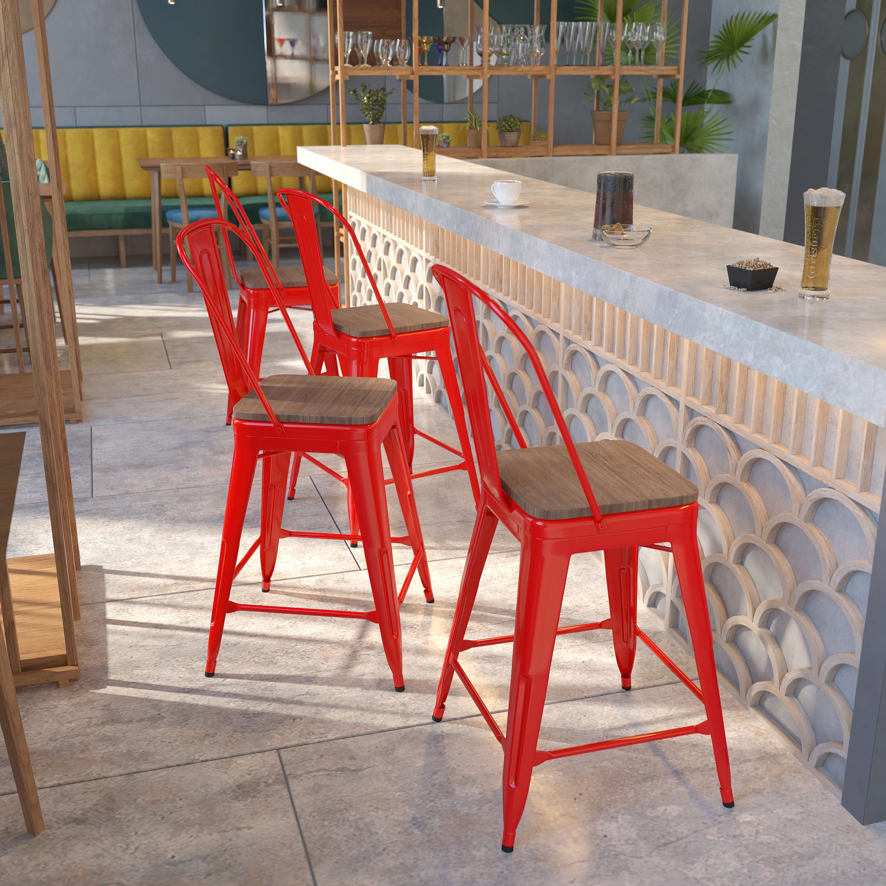 BizChair 4 Pk. 24" High Red Metal Counter Height Stool with Back and ...