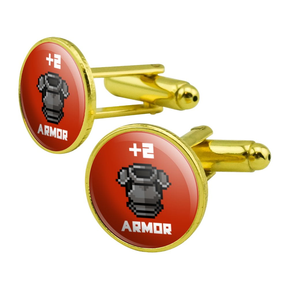 8-Bit Pixel Retro Plus Two Armor Gamer Game Round Cufflink Set Gold ...
