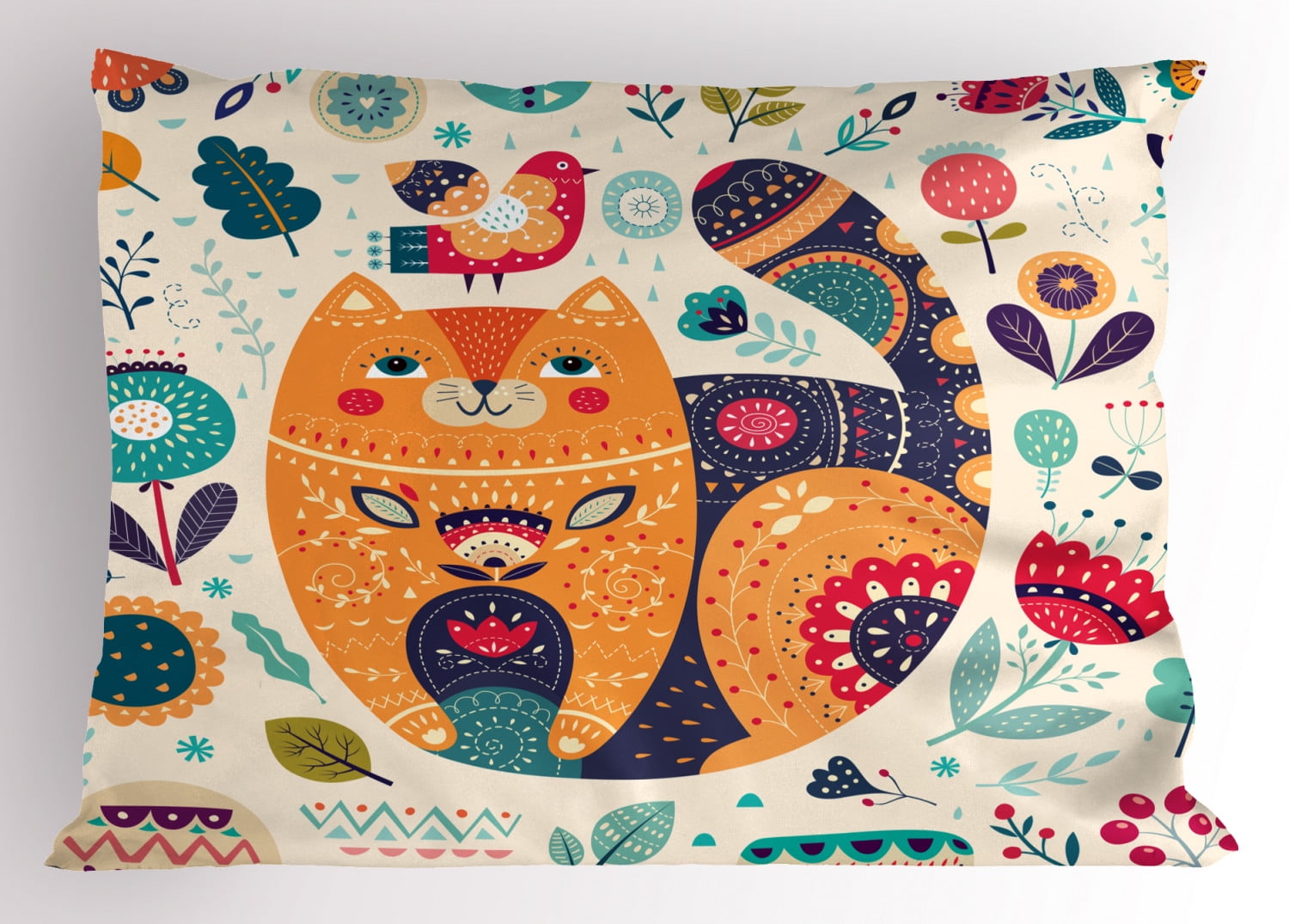 Paisley Pillow Sham Little Smiling Chubby Cheek Cat Animal with Various ...