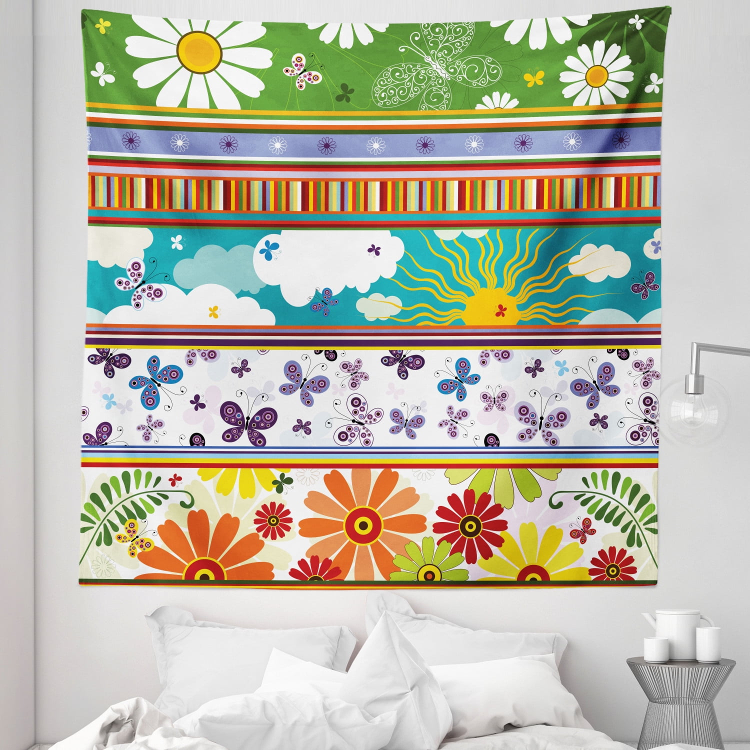 Colorful Tapestry, Colorful Striped Daisy Flowers Butterflies Sun ...