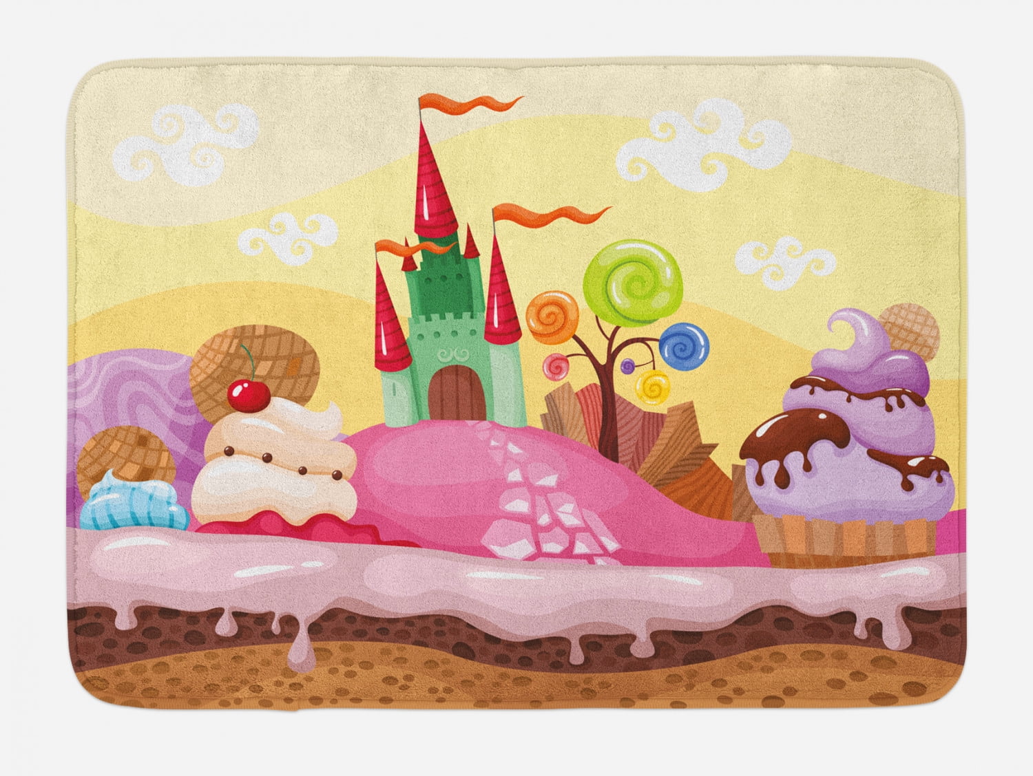 Cartoon Bath Mat, Kids Sweet Castle Landscape with Donuts Muffins Ice ...