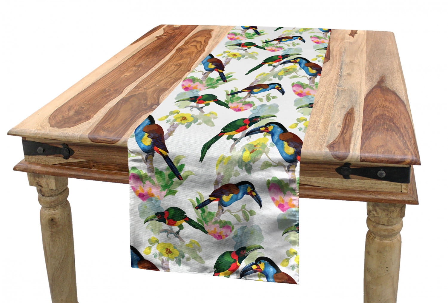 Exotic Table Runner, Watercolor Style Tropical Branches Design with ...