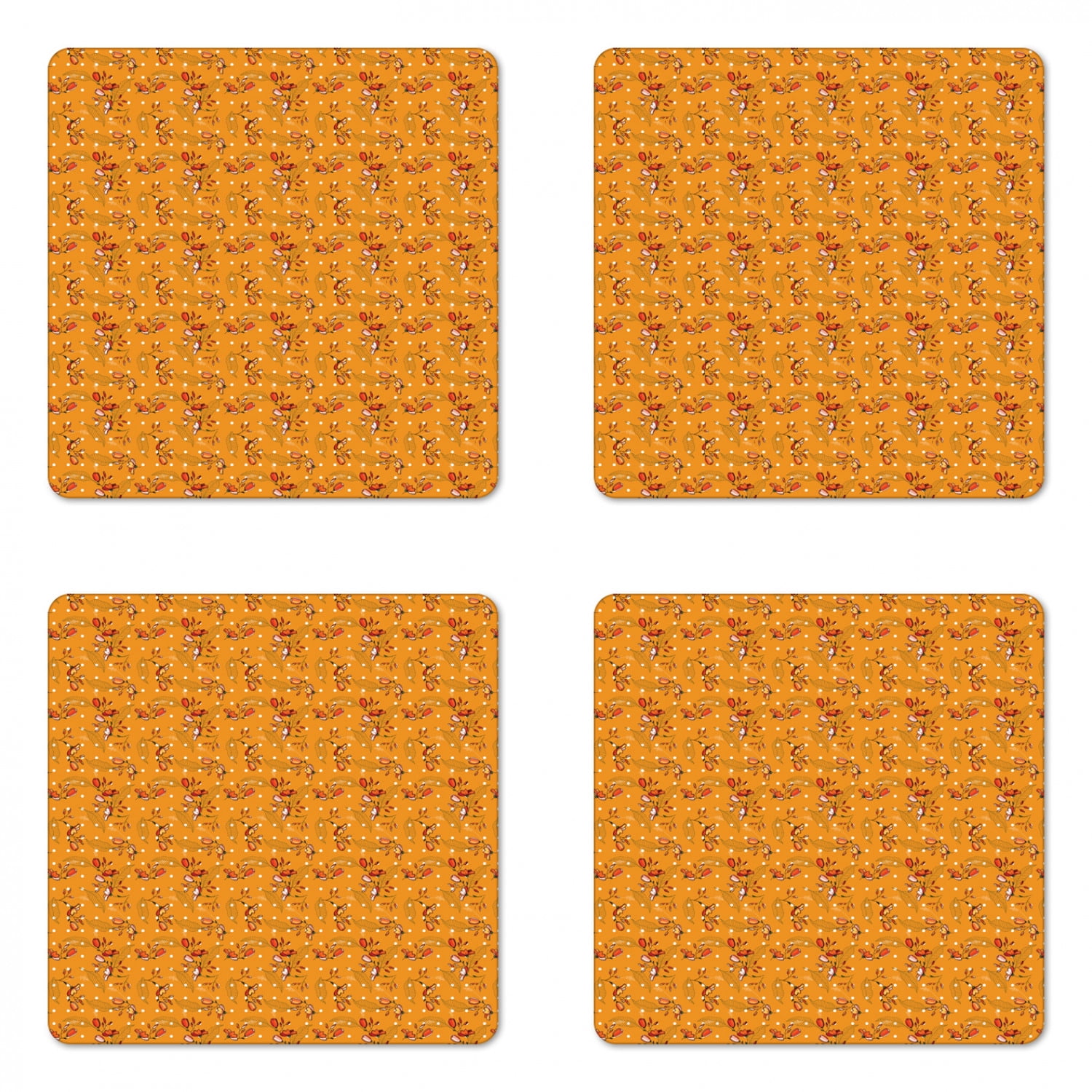 Orange Coaster Set of 4, Botanical Blooms Buds in Fall Petals on White ...
