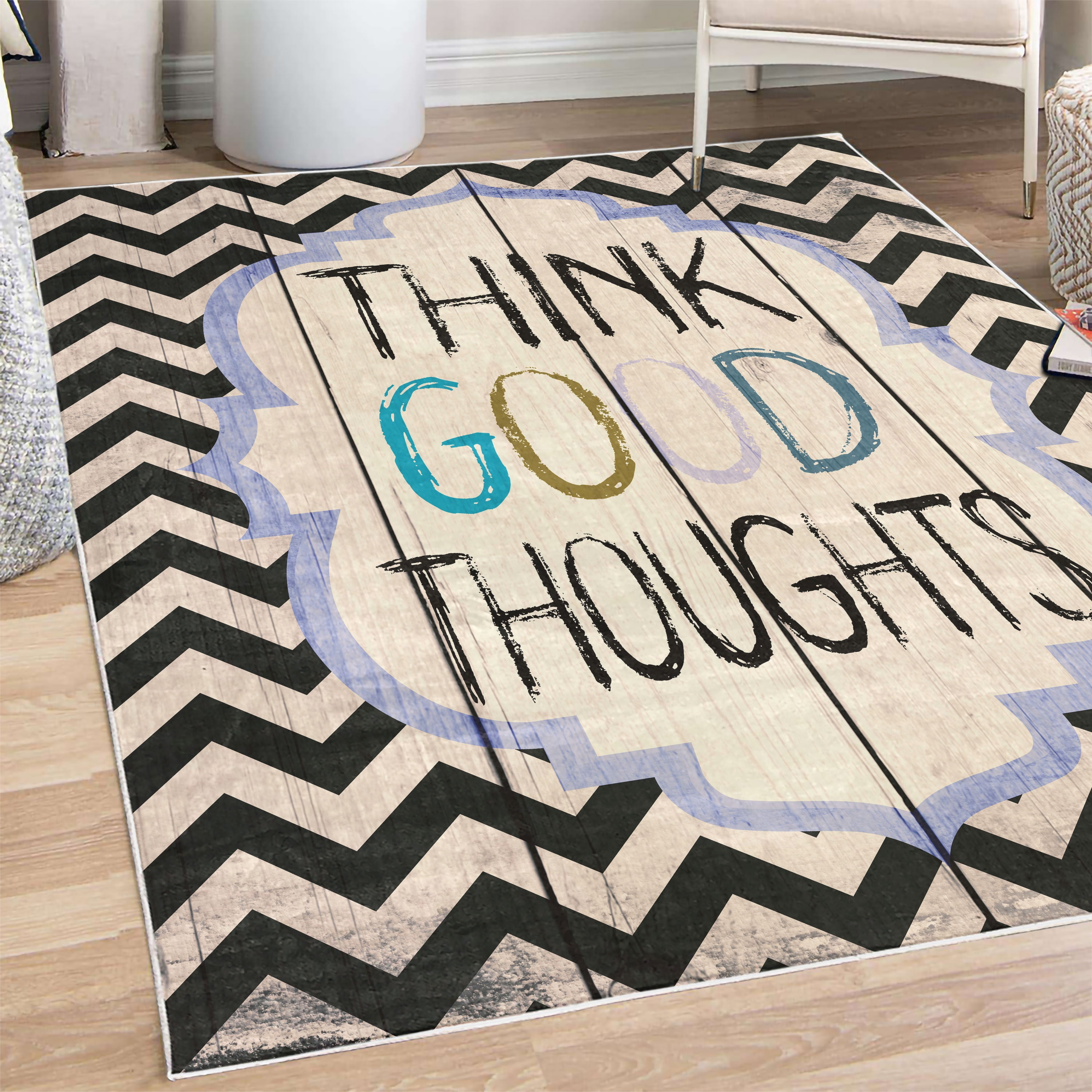 Saying Decorative Rug, Think Thoughts Message with Rainbow Colored ...