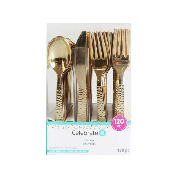 6 Packs: 120 ct. (720 total) Gold Hammered Plastic Cutlery Set by ...