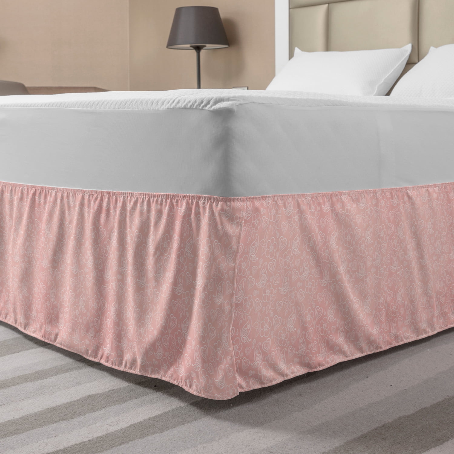 Pale Pink Bed Skirt, Flowers Spiral Leaves Heart Lovers Romantic Girls ...