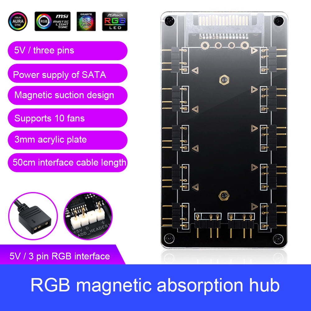 Hesroicy 5V 3Pin/12V 4Pin Magnetic RGB Cooling Fan Splitter Hub with ...
