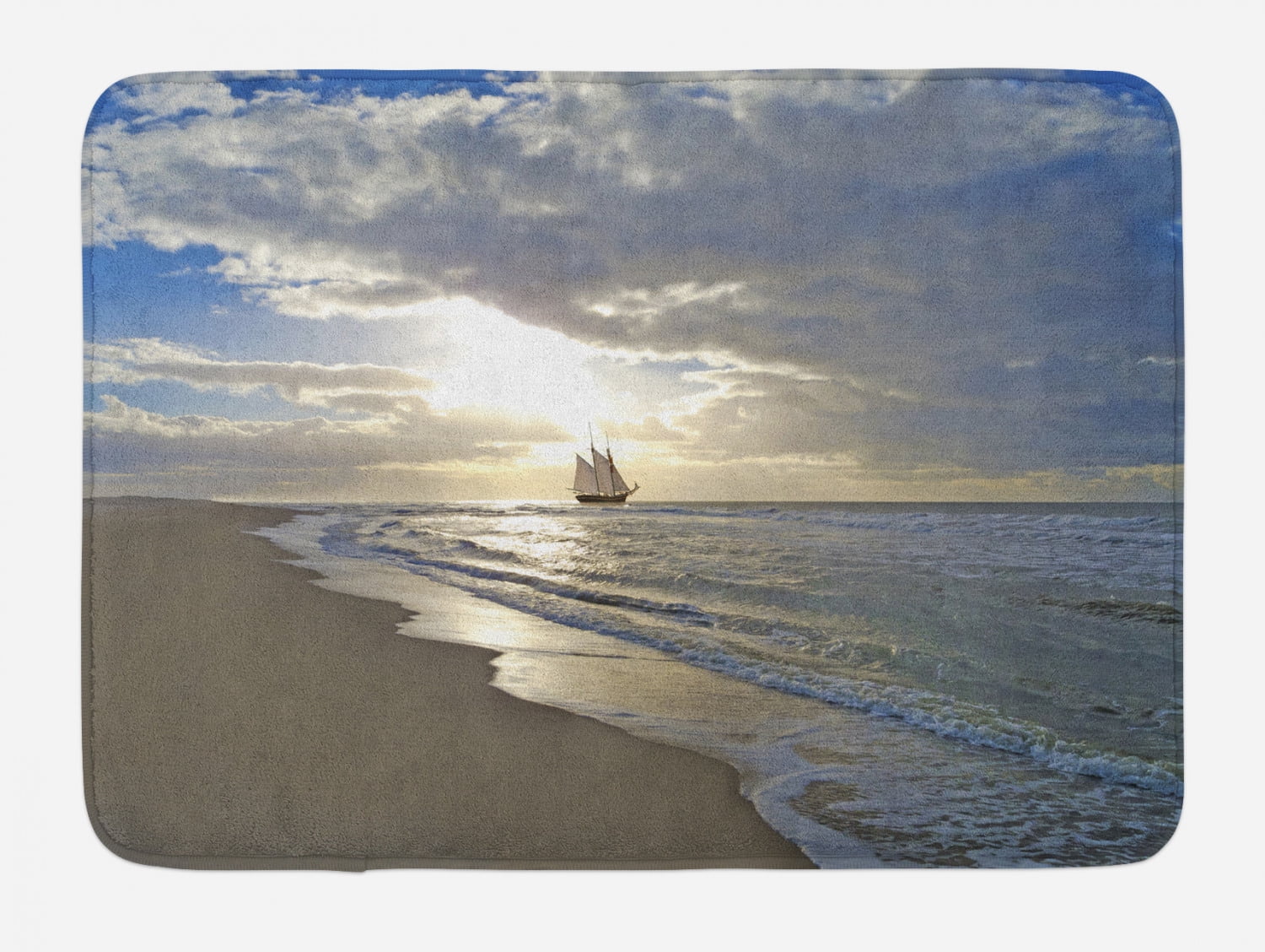 Nautical Bath Mat, A Sailing Ship Close to Sandy Beach in Moody Sunset ...